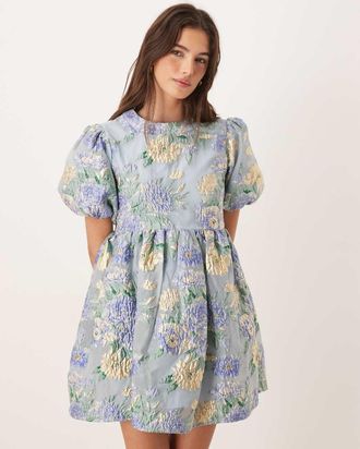 Sister Jane Dream Sister Jane - Honey - Exklusives Jacquard-Minikleid mit Puff&auml;rmeln und blauem Blumenmuster-Gelb