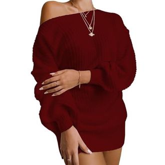 Generic Robe pull &agrave; manches longues et &eacute;paules d&eacute;nud&eacute;es pour femme, robe d&eacute;contract&eacute;e &agrave; manches longues en tricot &eacute;pais pour lautomne et lhiver, bordeaux, 4XL