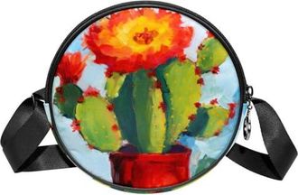 Generic Petit sac &agrave; bandouli&egrave;re rond pour femme, motif fleurs de cactus avec fermeture &eacute;clair, bretelles r&eacute;glables, sac &agrave; main rond d&eacute;contract&eacute; pour femmes et