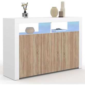 IDMarket Idmarket - Buffet 110 cm elight 3 portes avec led et niches blanc et bois fa&ccedil;on h&ecirc;tre