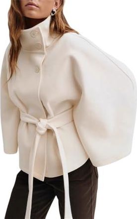 Generic Veste cape &eacute;l&eacute;gante avec ceinture pour femme, col montant, manches chauve-souris, manteau en laine, col montant, blanc, S