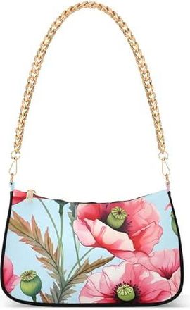 Generic Sac à main aquarelle rose coquelicot fleurs bleu sac à main femme pochette lune floral sac à bandoulière fermeture éclair