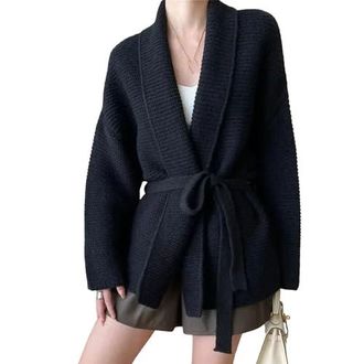 Generic Cardigan en tricot pour femme avec ceinture - Cardigan ample surdimensionn&eacute; - Kaki uni - Chaud - &Agrave; lacets - Manteaux tendance, Noir/blanc, taille uniq