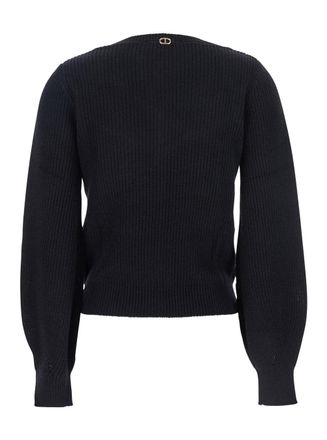 Twinset Womens Black Sweater With Embroidered Collar Cotton Tops Top