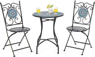 Costway Ensemble Bistrot pour Patio 3 Pi&egrave;ces en M&eacute;tal &agrave; Motif Mosa&iuml;que, Salle &agrave; Manger avec Table Ronde et 2 Chaises Pliantes, Ensemble Salon de Jardin pour