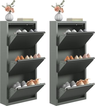 Woltu Schuhschrank, mit 3 Klappen, Schuhregal, Schuhkipper, für 18 Paar Schuhe, aus Metall, für Flur Wohnzimmer, 50x106x15 cm, 2er-Pack, Hellgrau