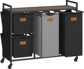 Vasagle Vasagle - Panier &agrave; linge 150 L - 4 compartiments avec &eacute;tag&egrave;res et poches lat&eacute;rales - Acier et tissu Oxford - Roulettes verrouillables