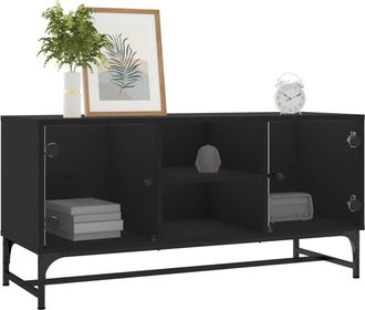 Generic TV Schrank mit Glast&uuml;ren, Fernsehschrank mit viel Stauraum, Lowboard f&uuml;r Fernseher Wohnzimmer, Fernsehtisch TV, 102x37x50 cm(Betongrau) (Schwarz)
