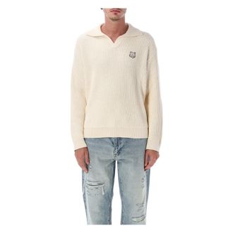 Maison Kitsun&eacute; Fox Head Baumwoll Rippstrick Poloshirt Pullover - - Knitwear - Herren - Beige - XL