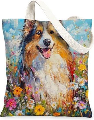 Generic Sac fourre-tout en toile pour le shopping, 33 x 38,1 cm, peinture &agrave; lhuile, motif chiot fleurs sauvages, sac d&eacute;picerie r&eacute;utilisable, sac d&eacute;picerie pou