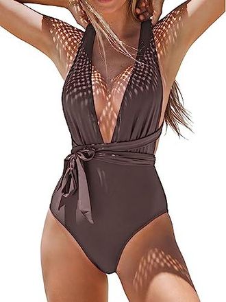 Cupshe Maillot de bain une pièce sexy avec col en V profond et dos croisé, Marron café., L ADA5005HHL