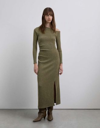 Scalpers Schulterfreies Jersey-Kleid in Khaki-Gr&uuml;n