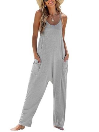 Cupshe Combinaison d&eacute;t&eacute; sans manches pour femme, coupe ample, en tricot, col rond, poches larges, grenouill&egrave;re longue une pi&egrave;ce pour les vacances, gris, X-Sm