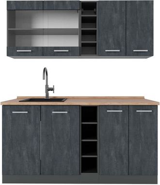 Vicco Singlek&uuml;che R-Line, K&uuml;chenzeile Single, Schwarz Beton/Anthrazit, 160 cm AP Eiche