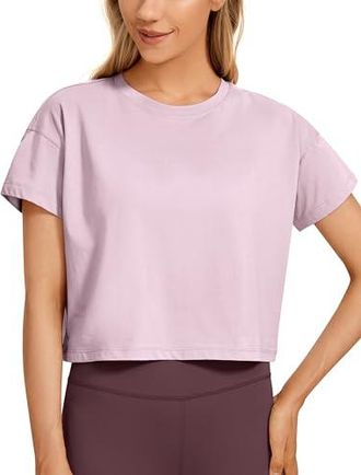 CRZ YOGA Femme Coton Pima Lâche Crop Tops Athletic Gym Casual T-Shirt Court Workout Chemises À Manches Courtes Pivoine Rose 42