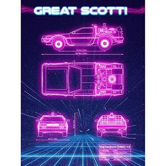 Artery8 80s Synthwave Blueprint Sports Car Space Time Travel Art Print Canvas Premium Wall Decor Poster Mural Blau Platz Reise Wand Deko