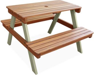 Sweeek Picknicktisch aus Holz f&uuml;r Kinder, mit 2 Sitzpl&auml;tzen, Akazie, Graugr&uuml;n