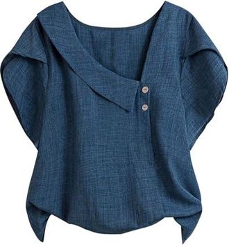 Generic Haut en coton et lin pour femme - Haut &agrave; manches courtes - Couleur unie - Tunique d&eacute;contract&eacute;e &agrave; col en V - Chemise en mousseline de couleur unie - Bl