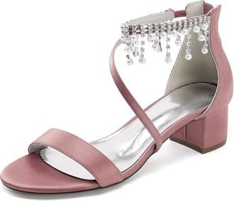 Generic Chaussures De Mariage Femme &Eacute;t&eacute; Talon Haut Sandales Satin&eacute;e Chunky Heels Bout Ouvert Mari&eacute;e Talons Bas 4.5CM,Flesh Pink,38 EU