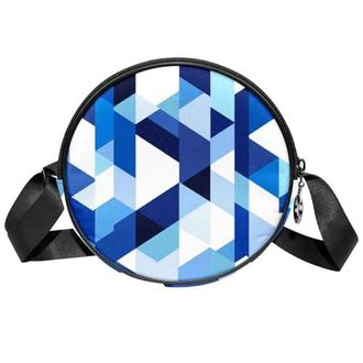 Generic Petit sac &agrave; bandouli&egrave;re rond pour femme, motif g&eacute;om&eacute;trique bleu, avec fermeture &eacute;clair, bretelles r&eacute;glables, sac &agrave; main rond d&eacute;contract&eacute; pour femmes e