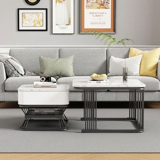 Generic 2er-Set Couchtische Design 70cm & 50cm - Geometrischer Stil aus wei&szlig;em/schwarzem Marmor, ideal f&uuml;r smallrieurs70*70 * 45cm+50 * 50 * 40cm