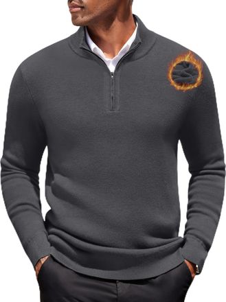 Coofandy Half Zip Pullover Herren Fleece Pullover mit Reißverschluss Rollkragenpullover Strickpullover Langarm Winterpullover Warm Turtleneck Sweater Dunkelgra
