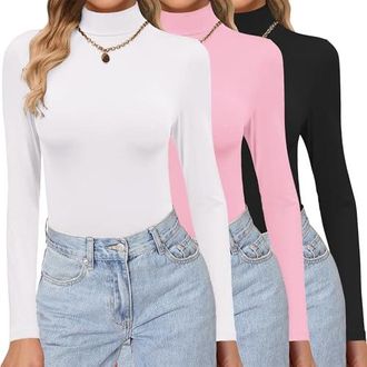 Ekouaer 3 Pi&egrave;ces Chemises Thermiques &agrave; Manches Longues pour Femmes Hauts Hiver Basiques &agrave; Col Roul&eacute; sous V&ecirc;tement Noir + Blanc + Rose S