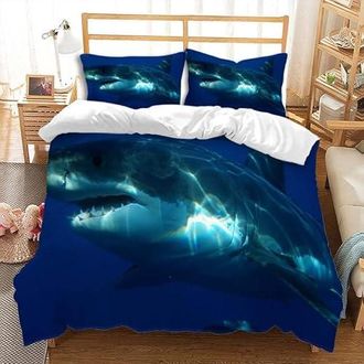 Generic Housse de Couette 240 x 260 Requin Imprimée 3D Vie Marine Parure de Lit 2 Personnes Doux Microfibre Literie avec 2 Taies Doreillers 65x65 cm avec Ferm