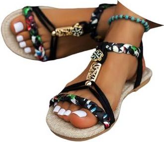 Generic Sandales boh&egrave;me pour femme 2026 - Chaussures plates d&eacute;t&eacute; habill&eacute;es avec sangle de cheville &eacute;lastique - Chaussures de plage antid&eacute;rapantes - Confortabl