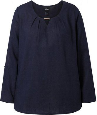 Ulla Popken Druckbluse Bluse Leinenmix Zierspange Rundhals 3/4-Arm