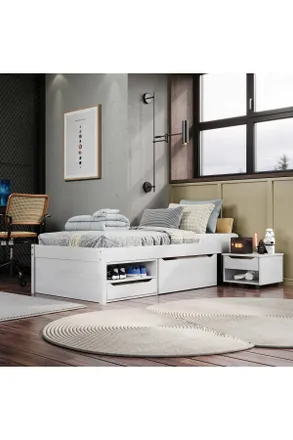 MID.YOU Mid.you Stauraumbett, Wei&szlig;, Holz, Kiefer, massiv, 5 F&auml;cher, 3 Schubladen, H&ouml;he ca. 20 cm, 90x200 cm, FSC MIX, Lattenrost, mit Schubk&auml;sten, Schlafzimme