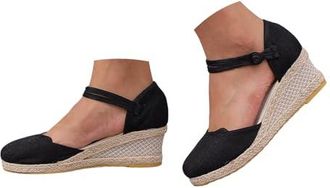 Generic Sandales &agrave; bout ferm&eacute; pour femme, espadrilles &agrave; talon bas compens&eacute; avec sangle de cheville, sandales habill&eacute;es d&eacute;contract&eacute;es d&eacute;t&eacute; confortables, Noir, 