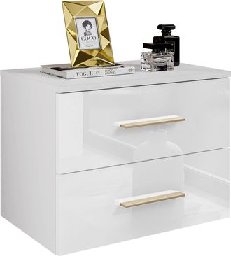 Lukmebel Hängender Nachttisch LINA II 55x42x37 cm- LED Beleuchtung - Nachtkästchen - Weiß/Weiß Hochglanz - Goldgriff - Nachtschrank - Beistelltisch mit Schubla