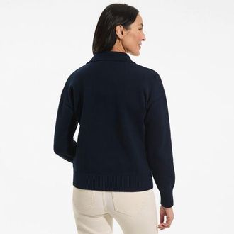 Lands End x Lulu Guinness Drifter Feinstrick-Polopullover, Damen, Gr&ouml;&szlig;e:44-46 regular, Blau, by Lands End