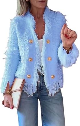 Generic Cardigan à franges tendance pour femme, veste boutonnée sur le devant, manteau tendance en fausse fourrure, vestes habillées à poils longs, bleu, XS