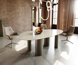 DELIFE Esstisch Edge Oval 220x120 Keramik Iris FMG Onice Oro Pilier Metall Effektfinish Titan, Esstische