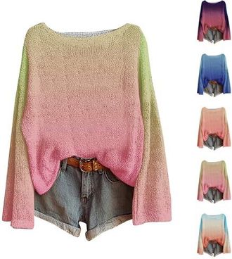 Generic HUIFUAO - Chandails d&eacute;grad&eacute;s pour femmes, grande taille, tendance, ombr&eacute;, pull en tricot l&eacute;ger, pull dautomne &agrave; manches longues, col rond, chemisier d