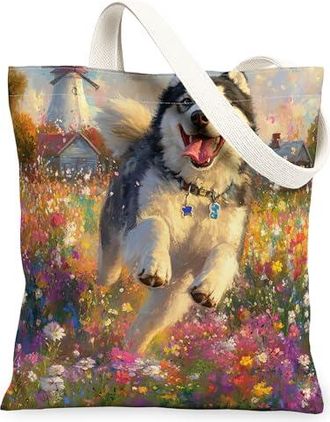 Generic Sac fourre-tout en toile motif chien malamutes de printemps de lAlaska 33 x 38,1 cm, sac r&eacute;utilisable &agrave; motif imprim&eacute; de chien de campagne pour femme,