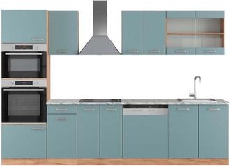 Vicco Cuisine R-Line, Bleu-Gris/ch&ecirc;ne dor&eacute;, 300 cm avec Armoire Haute, PT Marbre
