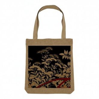 Fabulous Sac Shopping Tote Bag Aspect Lin - Motif Floral Japonais Tissu Kimono Design Minimaliste - Sac de Courses Toile Epaisse 360g Beige Naturel Cabas Port&eacute;