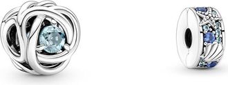 Pandora März Geburtsstein Meer Aquablauer Ewigkeitskreis Charm, Sterling-Silber mit Kristallen Moments Tropischer Seestern & Muschel Clip-Charm, Sterling-Silb