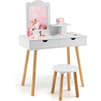 Costway Costway - Coiffeuse 2 en 1 pour Enfants avec Tabouret Mignon, Table de Maquillage en Bois pour Enfants avec Miroir Rectangulaire et 2 Grands Tiroirs