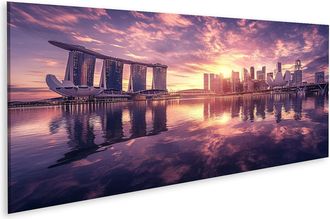 Islandburner Bild auf Leinwand Singapur Skyline bei Sonnenuntergang und Spiegelung f&uuml;r Wohnzimmer Reisefans Reiseb&uuml;ro Bilder Wandbilder Poster