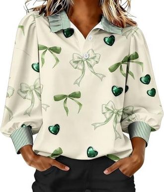 Generic Chemises de la Saint-Patrick pour femme, chemisier tr&egrave;fle porte-bonheur, manches longues, chemise boutonn&eacute;e &agrave; revers, haut imprim&eacute; tr&egrave;fle &eacute;l&eacute;gant, cou