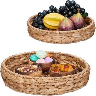 Relaxdays Tablett Set, 2 runde Serviertabletts, versch. Größen, Ø 32 & 25 cm, Dekotablett aus Wasserhyazinthe, Natur