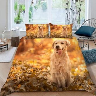 Generic Housse de Couette 240 x 260 Chien Parure de Lit 2 Personnes Paysage dautomne 3 Pièces Housse Couette en Microfibre Douce Imprimé 3D avec 2 Taies dorei