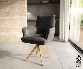 DELIFE Drehstuhl Heira-Flex mit Armlehnen Mikrofaser Anthrazit Vintage Holzgestell kantig Natur 180&deg; drehbar Taschenfederkern, Esszimmerst&uuml;hle