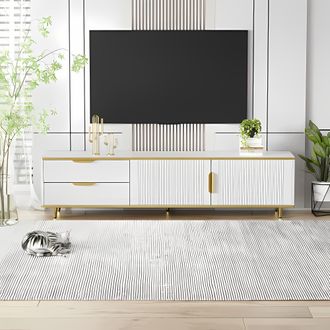 Generic TV Schrank Lowboard mit geschnitzter Textur TV M&ouml;bel mit goldenen Griffen und Metallf&uuml;&szlig;en Medienkonsole mit Staurauml&ouml;sung und Marmorstruktur f&uuml;r Wohn