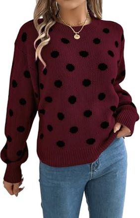 Generic Chandails dautomne pour femme, tendance, &eacute;l&eacute;gant &agrave; manches longues, &agrave; pois, chandails habill&eacute;s et mignons, pulls de travail pour femmes, bordeaux, XL