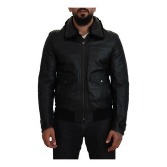 Dolce & Gabbana Homme, Vestes, Noir, Taille: L Veste de bombardier en cuir noir avec col en peau de mouton
